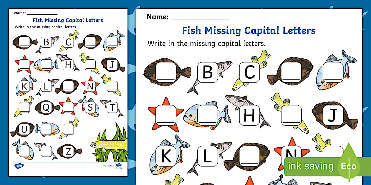 Fish Missing Capital Letters Worksheet (teacher made)