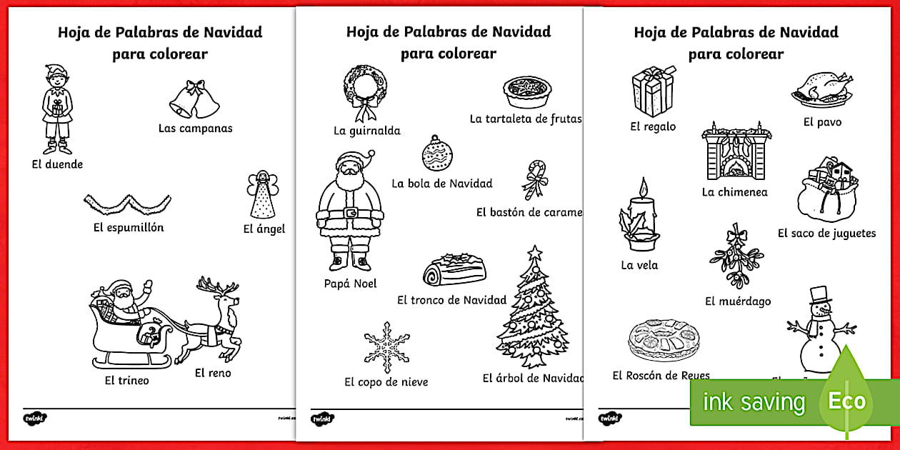 Navidad Hojas Palabras Colorear Spanish (teacher made)