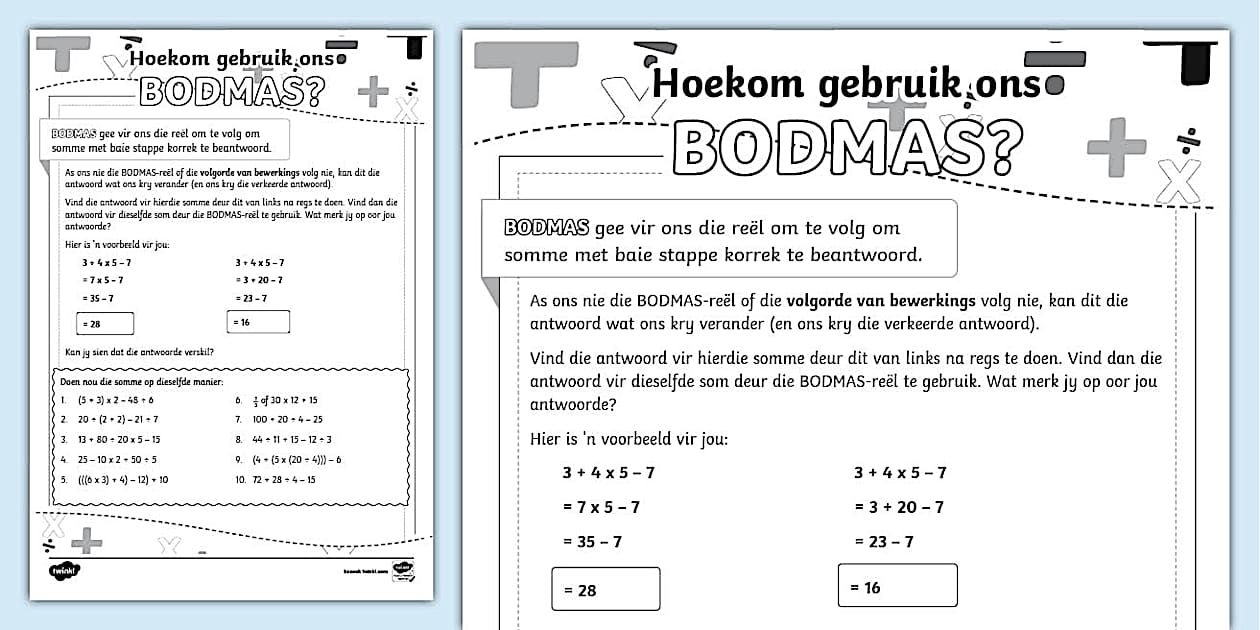 Graad 7 Aktiwiteitsblad - Volgorde van bewerking: Hoekom gebruik ons ...