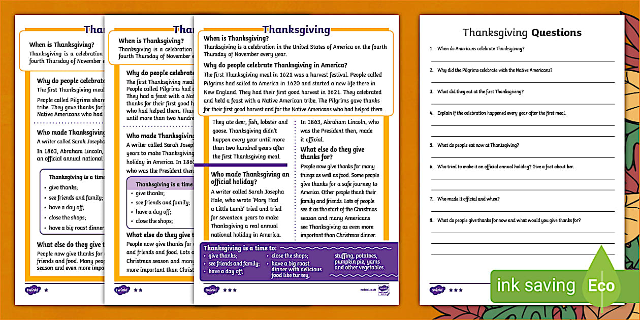 KS1 Thanksgiving Differentiated Reading Comprehension Activity