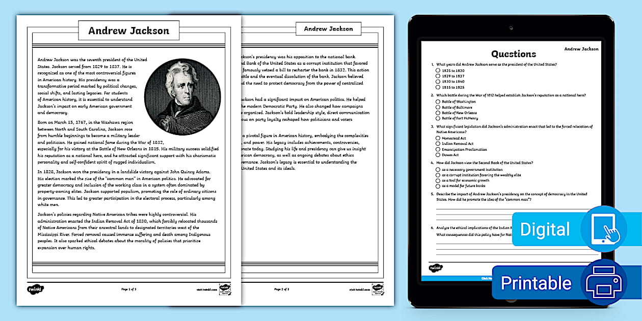 Eighth Grade Andrew Jackson Reading Comprehension Worksheet