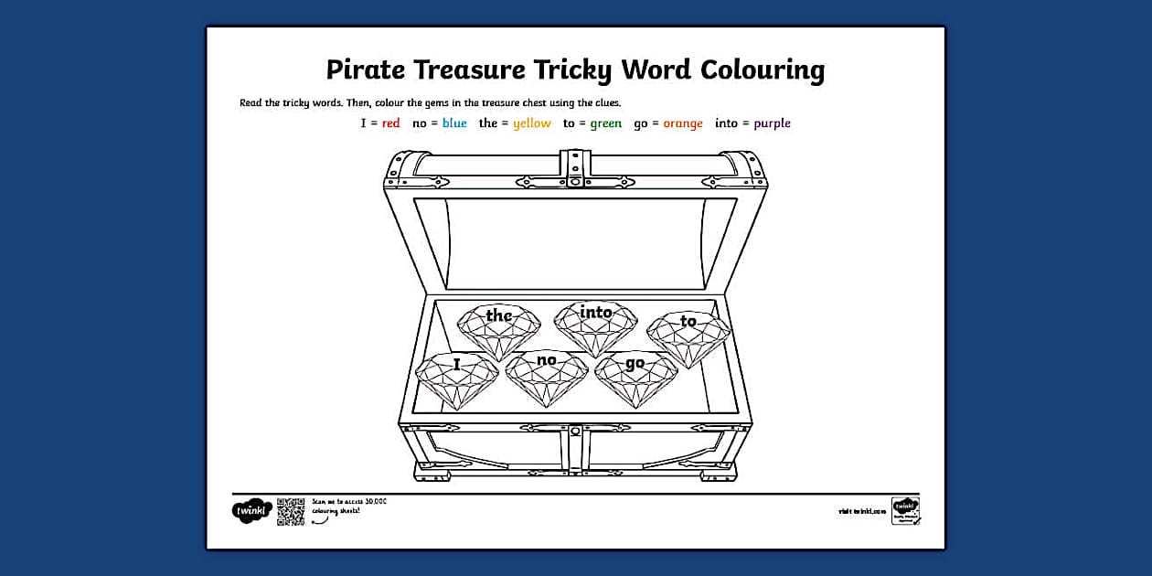 Pirate Treasure Phase 2 Tricky Words Colouring Worksheet