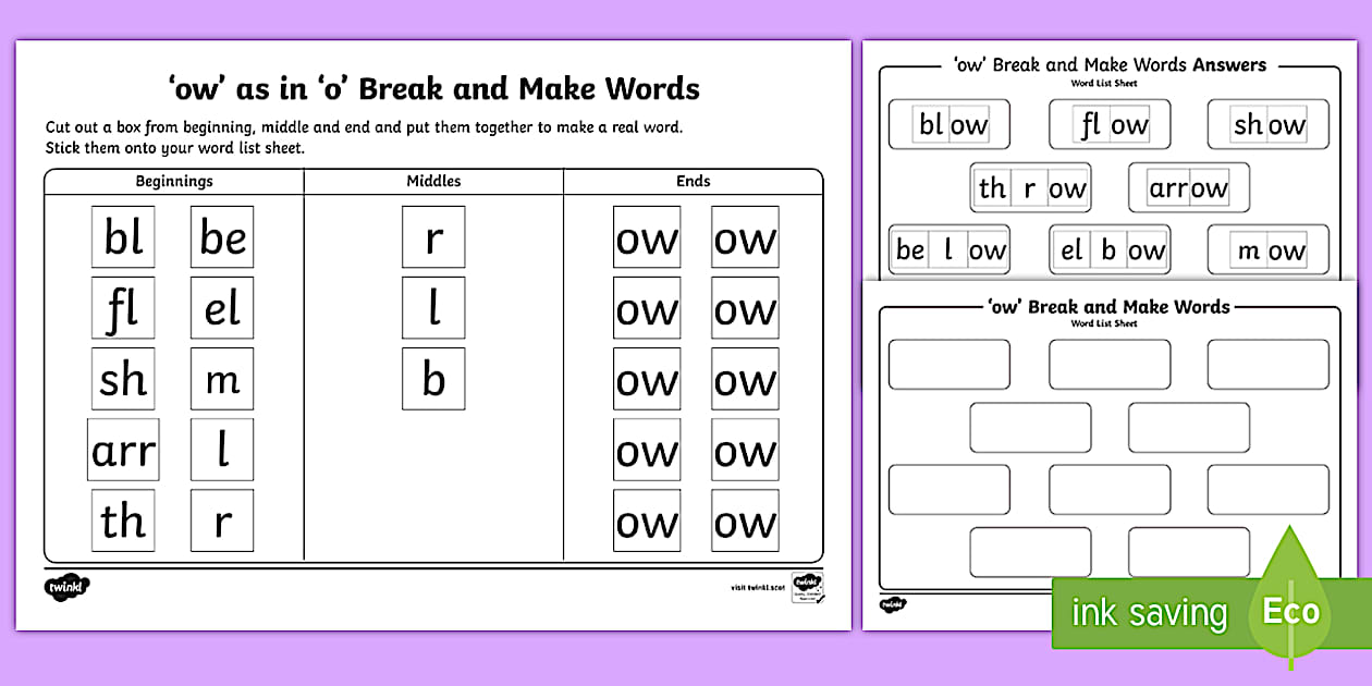 'ow' as in 'o' Sound Break and Make Worksheet (teacher made)