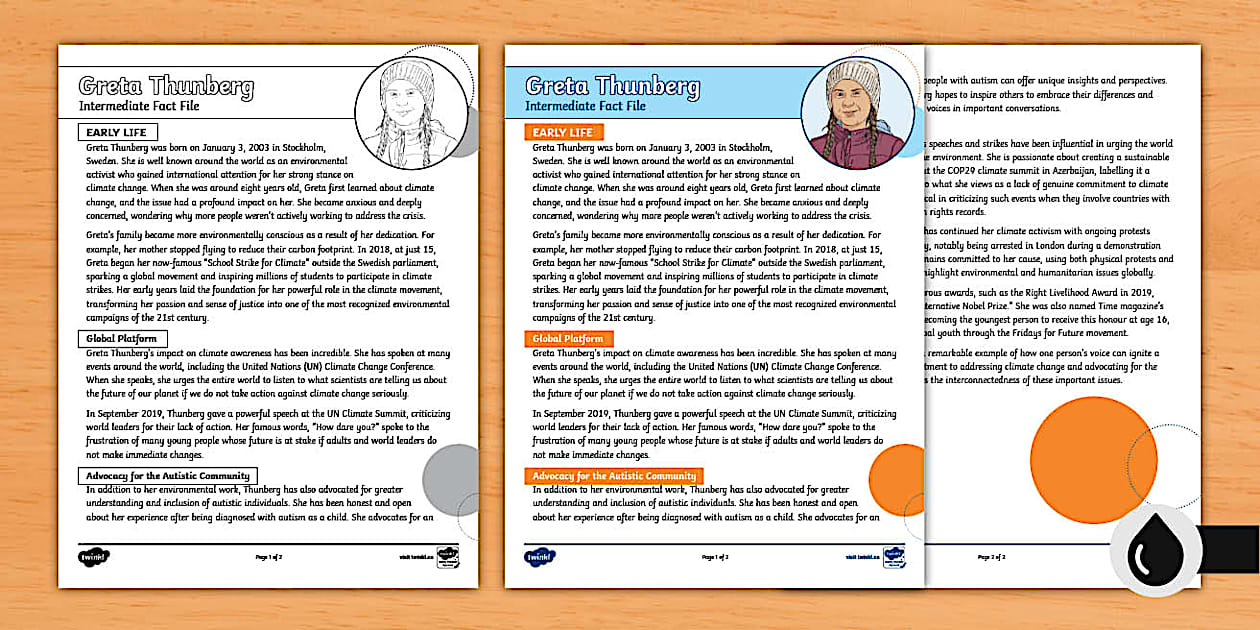 Greta Thunberg Intermediate Fact File (teacher made)
