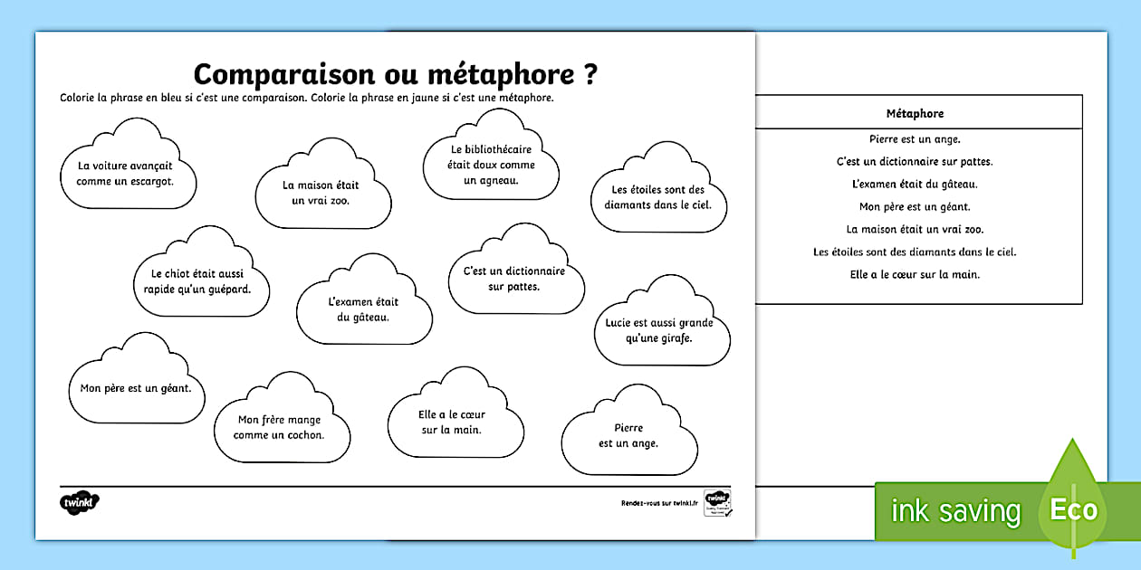 Feuille d'exercice : Comparaison ou métaphore ? - Twinkl