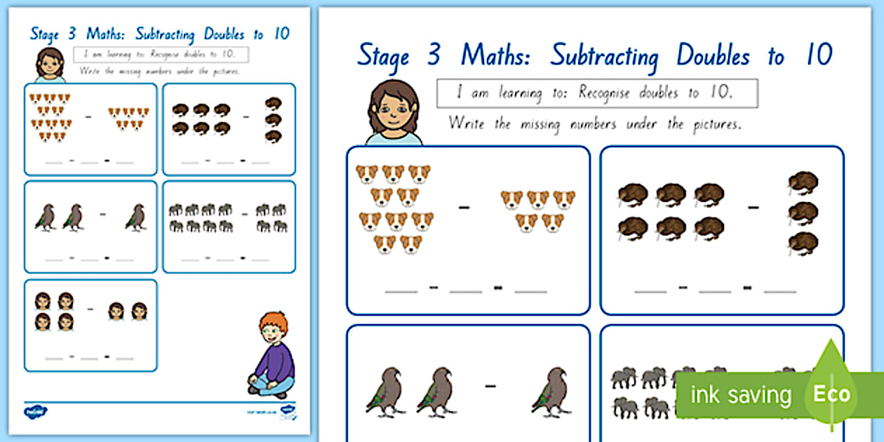 New Zealand Maths Stage 3 Doubles to 10 Subtracting. Worksheet