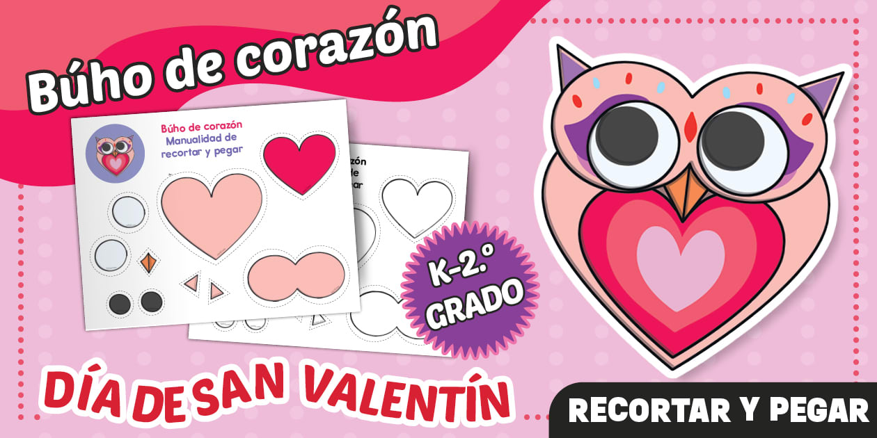 Manualidad de recortar y pegar: búho de corazón para el Día de San Valentín