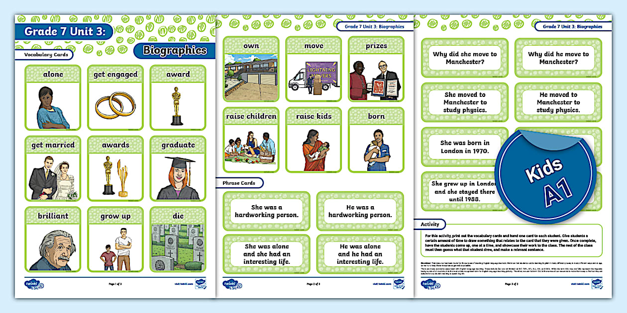 Turkey Curriculum English Vocabulary Cards: Grade 7 Unit 3 (Biographies)