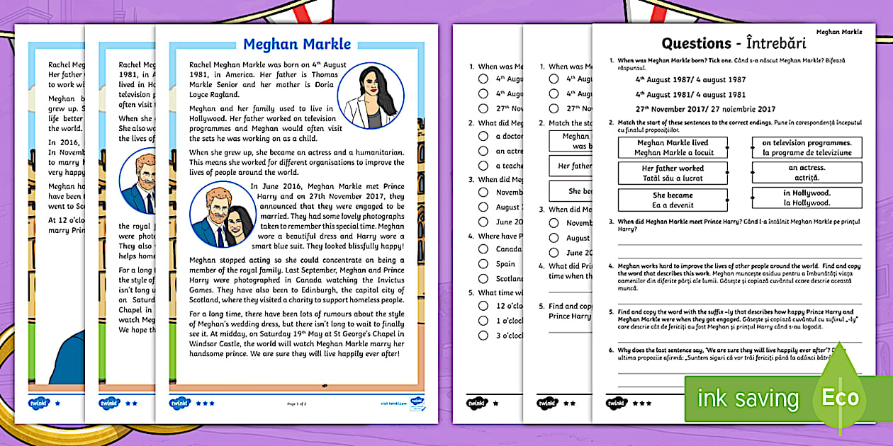 Lower Ability KS1 Meghan Markle Differentiated Reading Comprehension