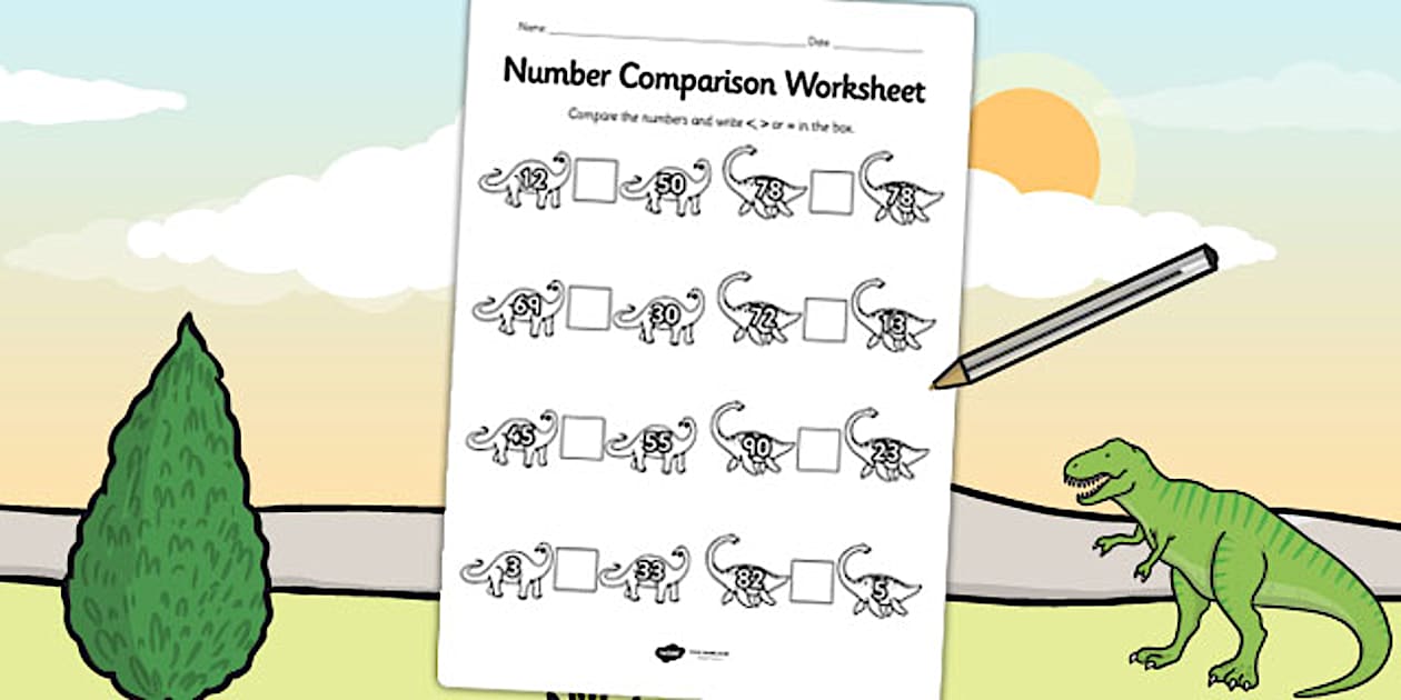 Dinosaur Number Comparison Worksheet (teacher made) - Twinkl