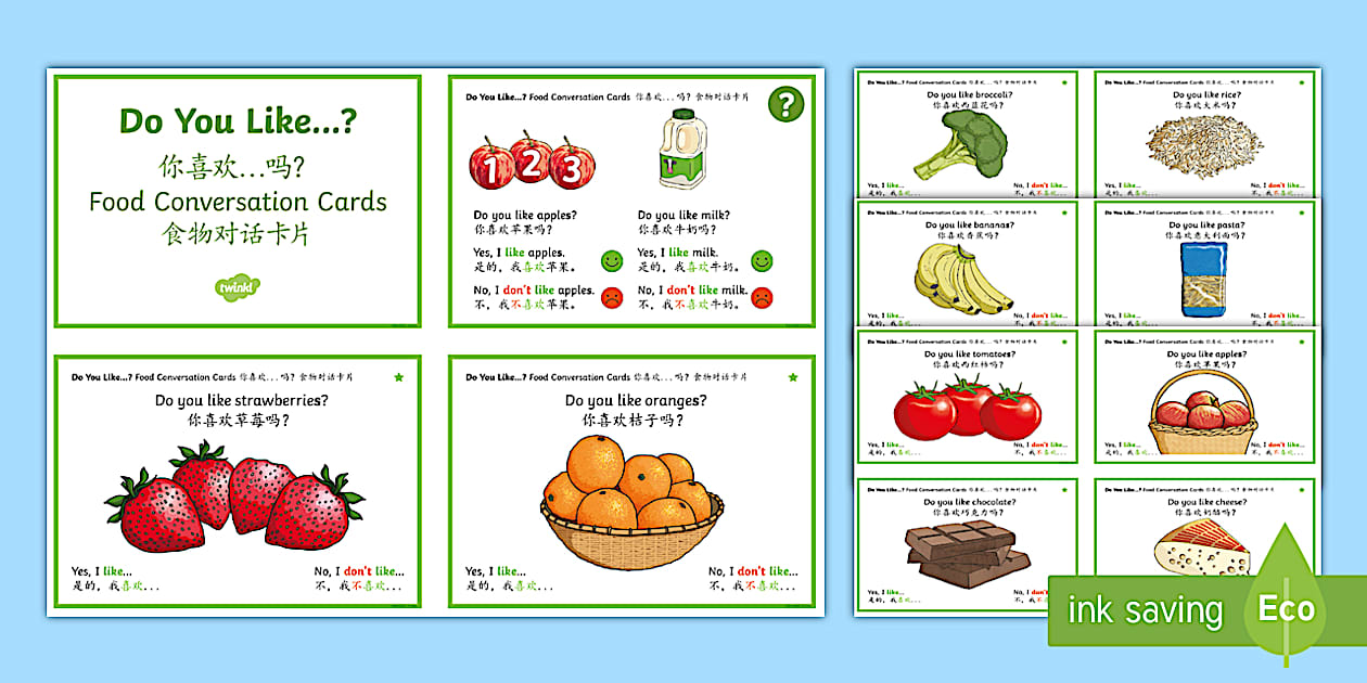'Do You Like..?' Food Conversation Cards - English/Mandarin Chinese