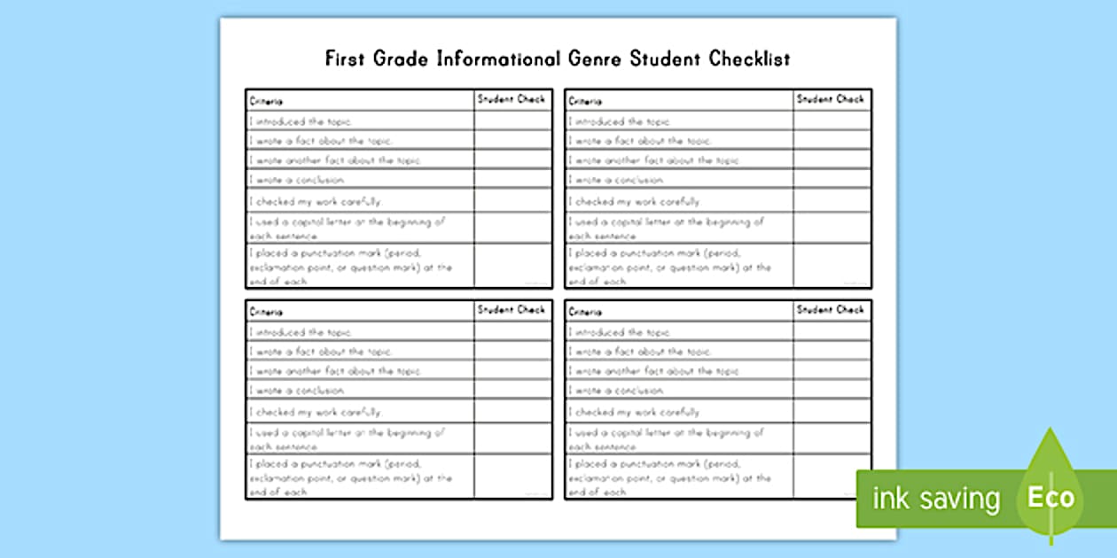 First Grade Informational Writing Genre Student Checklist