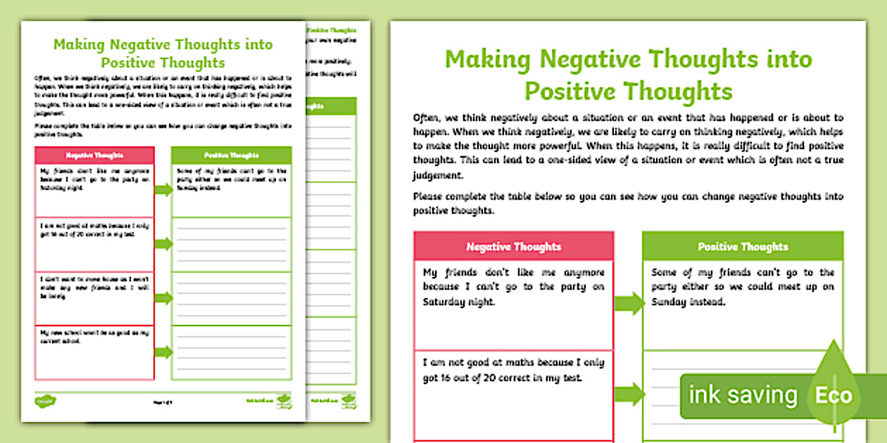 Making Negative Thoughts into Positive Thoughts Worksheet