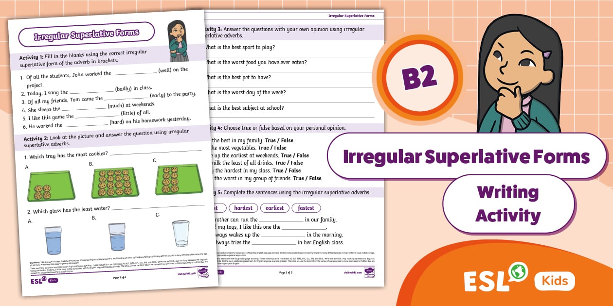 ESL Irregular Superlative Forms Writing Activity [Kids, A2]
