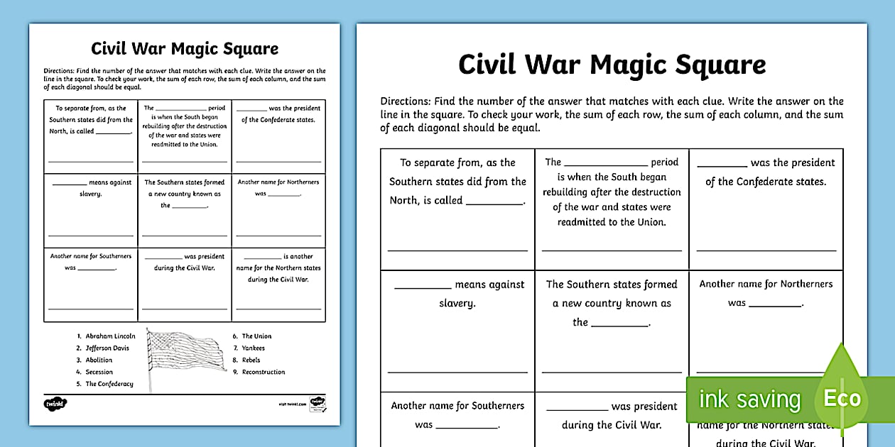 Civil War Review Magic Square Worksheet for 4th-5th Grade