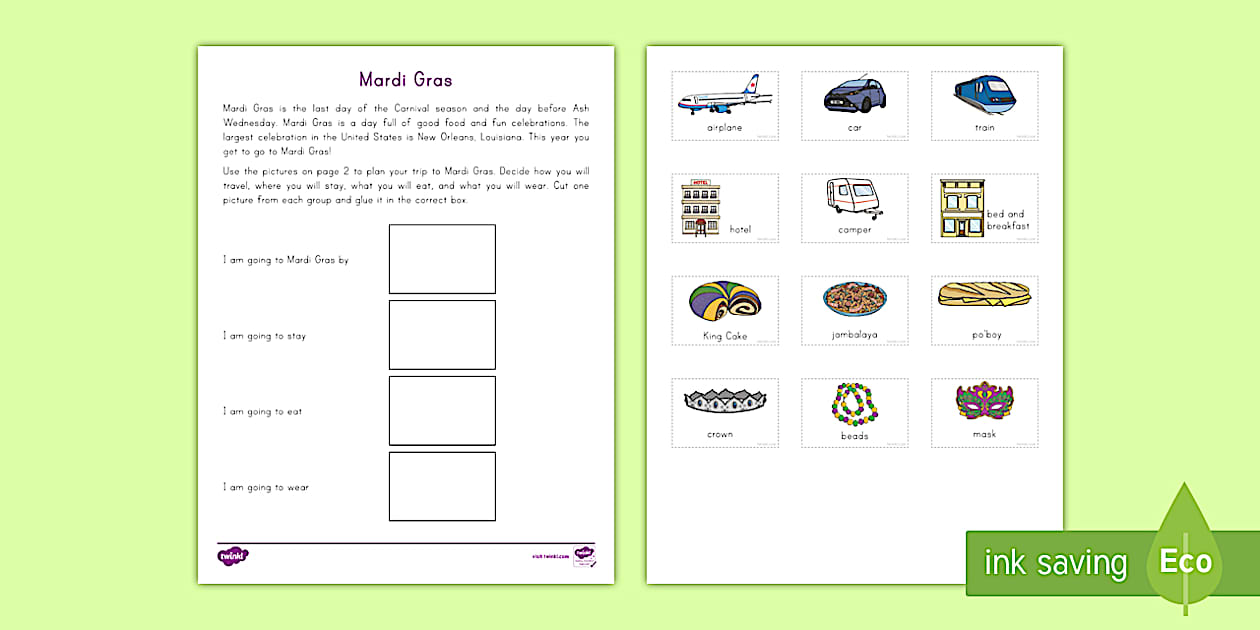 Mardi Gras Trip Planning Cut and Paste Activity - Twinkl