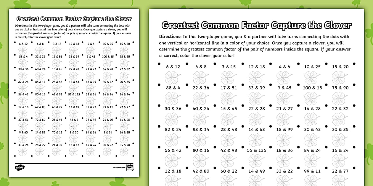Sixth Grade Greatest Common Factor Capture the Clover Game