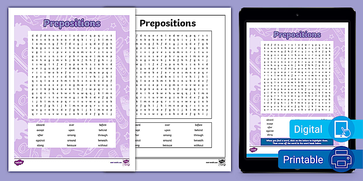 Prepositions Word Search for 3rd-5th Grade (teacher made)