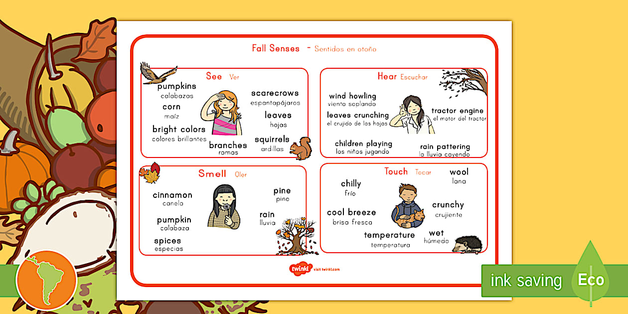 Fall Senses Word Mat English/Spanish (teacher made) - Twinkl