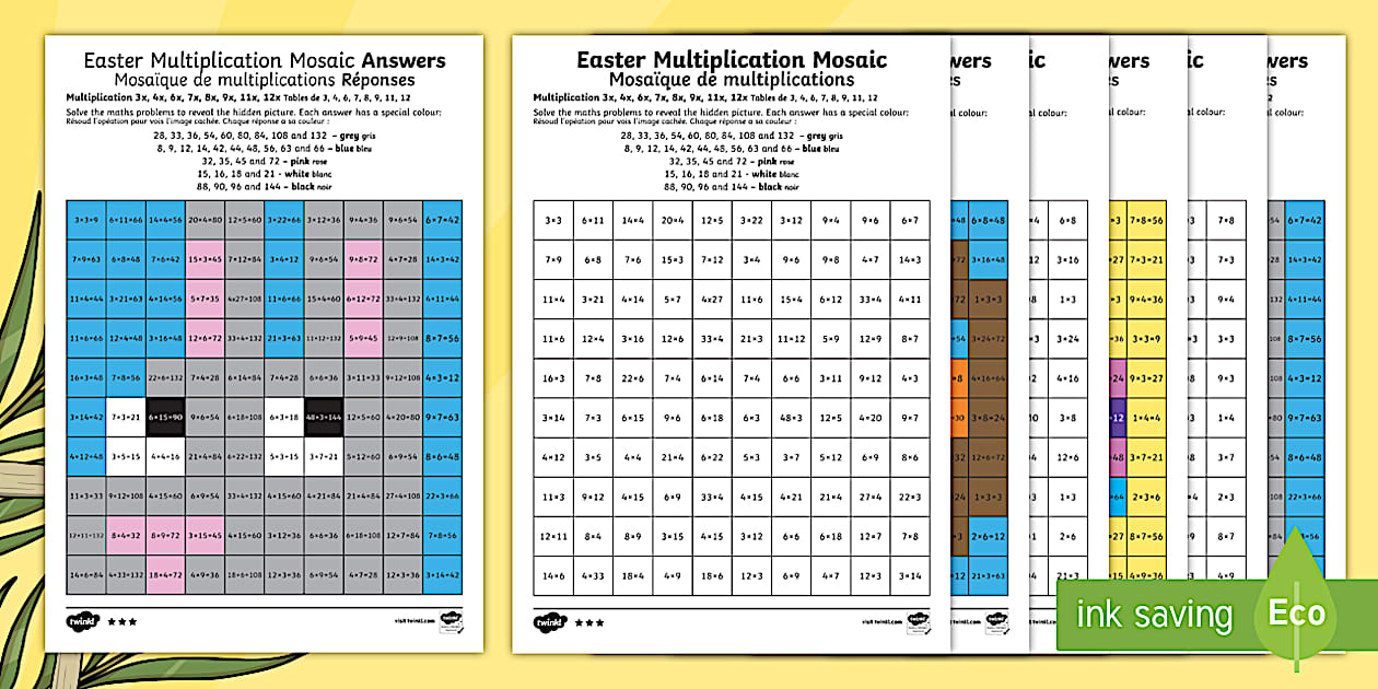 Easter Multiplication Mosaics Worksheets English/French