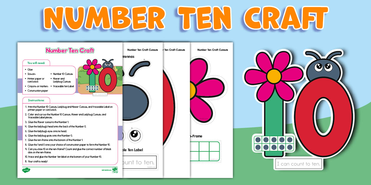 Number Ten Flower and Ladybug Craft (teacher made) - Twinkl
