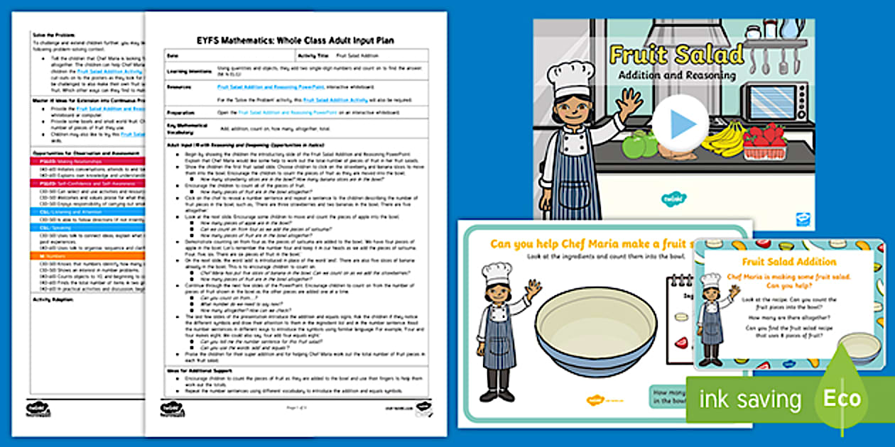 EYFS Maths: Fruit Salad Addition Whole Class Adult Input Plan and Resource