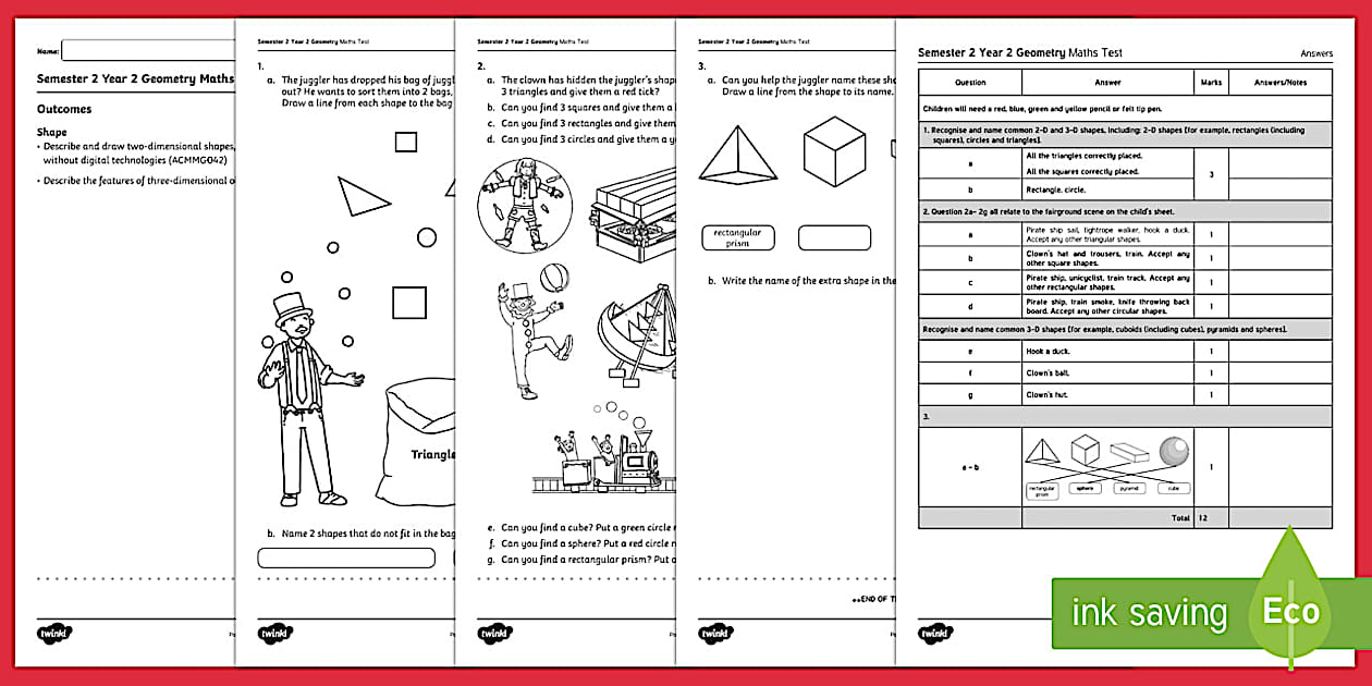 Semester 2 Year 2 Geometry Maths Test (teacher made)