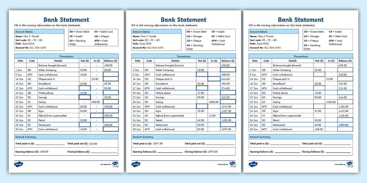 Editable Bank Statement Worksheet (teacher made) - Twinkl