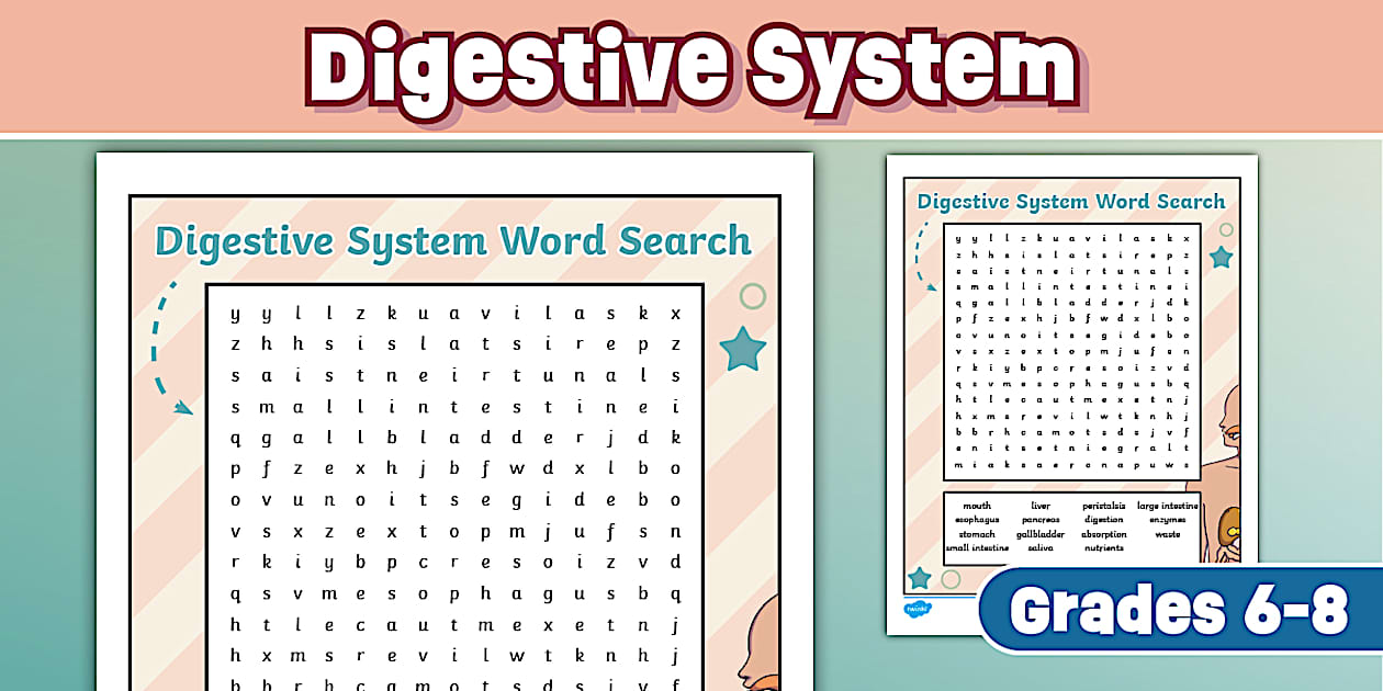 Digestive System Life Science Word Search for 6th-8th Grade
