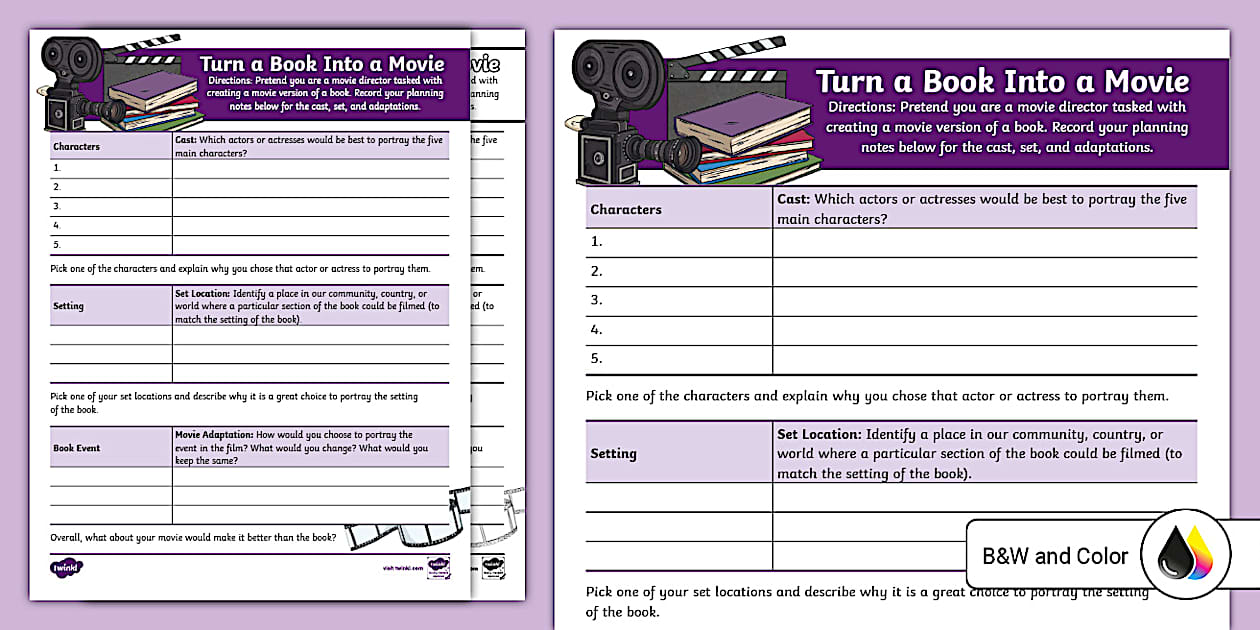 Turn a Book Into a Movie Worksheet for 6th-8th Grade