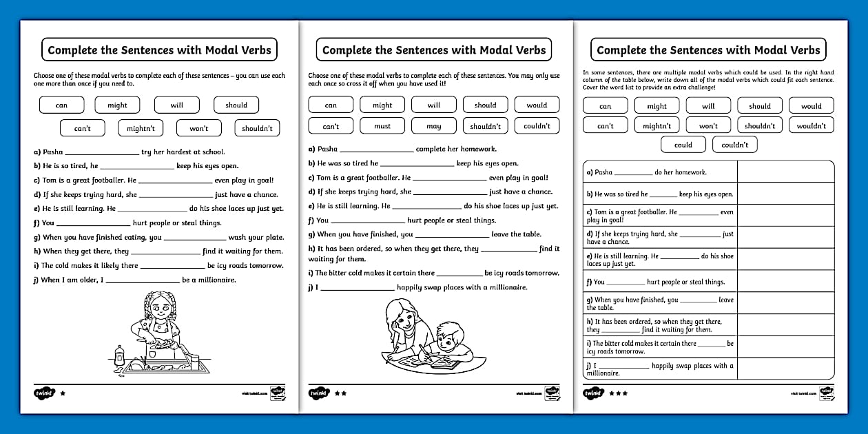 Complete the Sentences | Modal Verbs Exercises - Twinkl