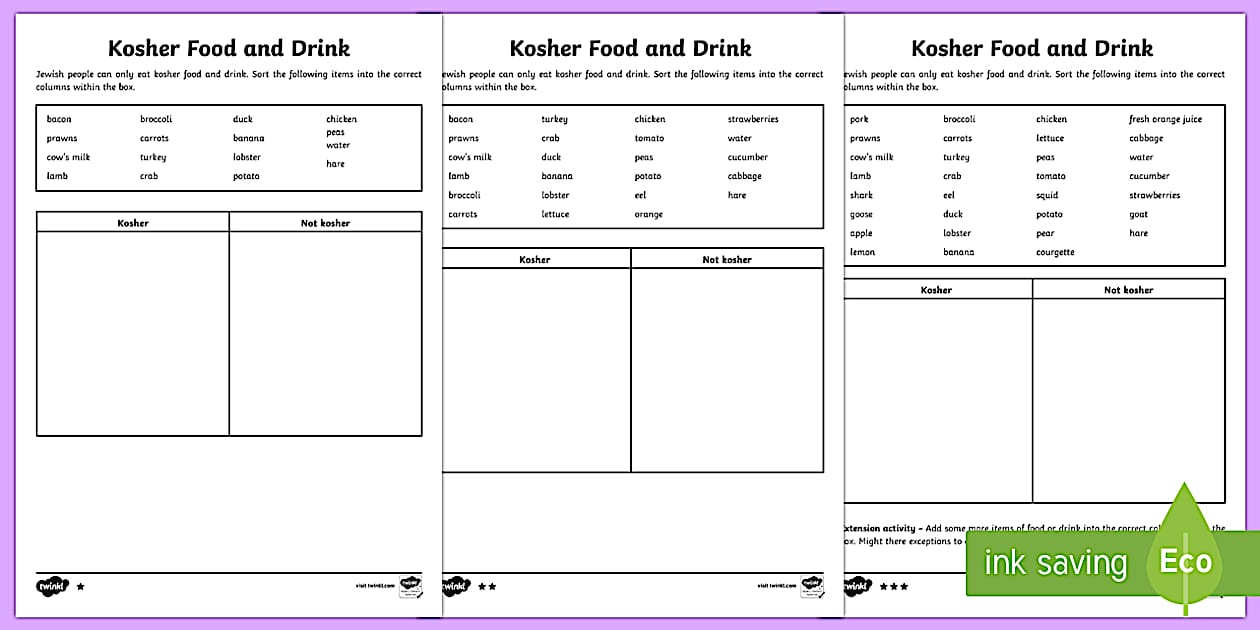 Kosher Food and Drink Differentiated Worksheet / Worksheets