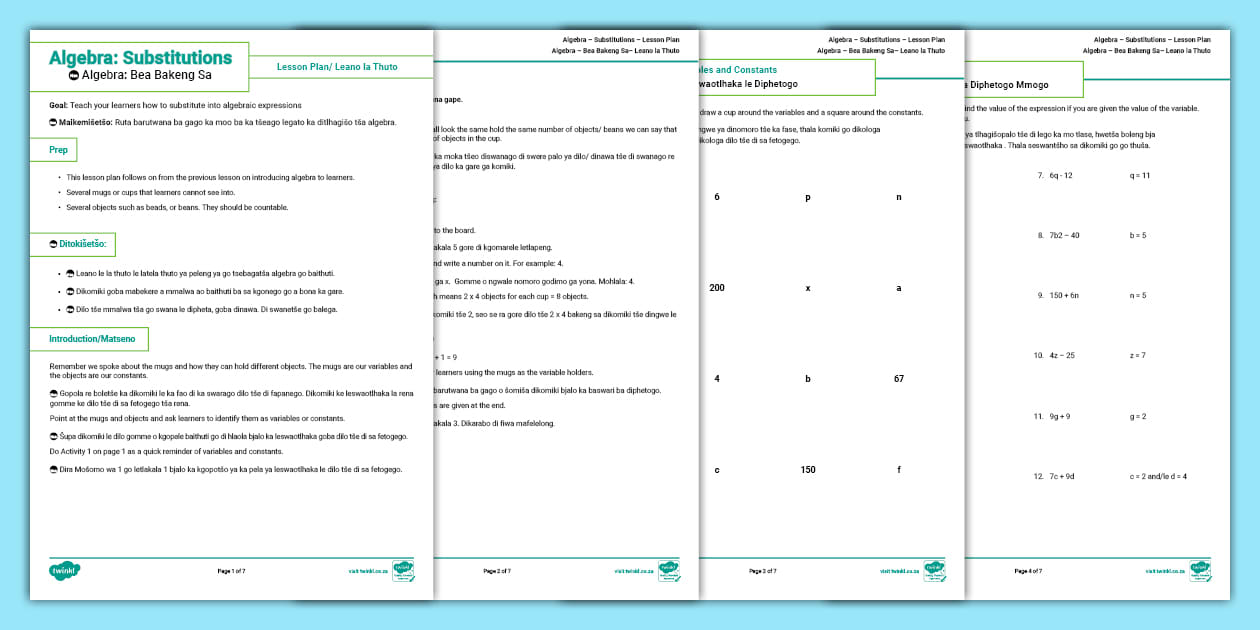 Algebra – Substitutions – Lesson Plan - Sepedi - Twinkl