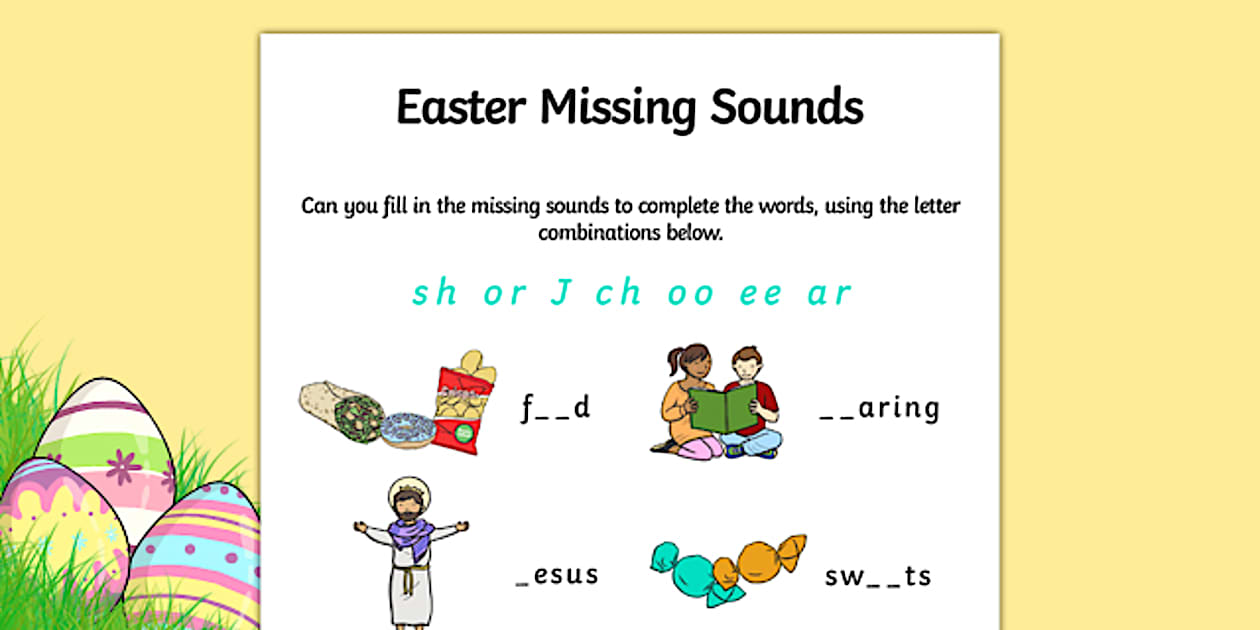 Black and White Easter Missing Sounds Worksheet - Twinkl