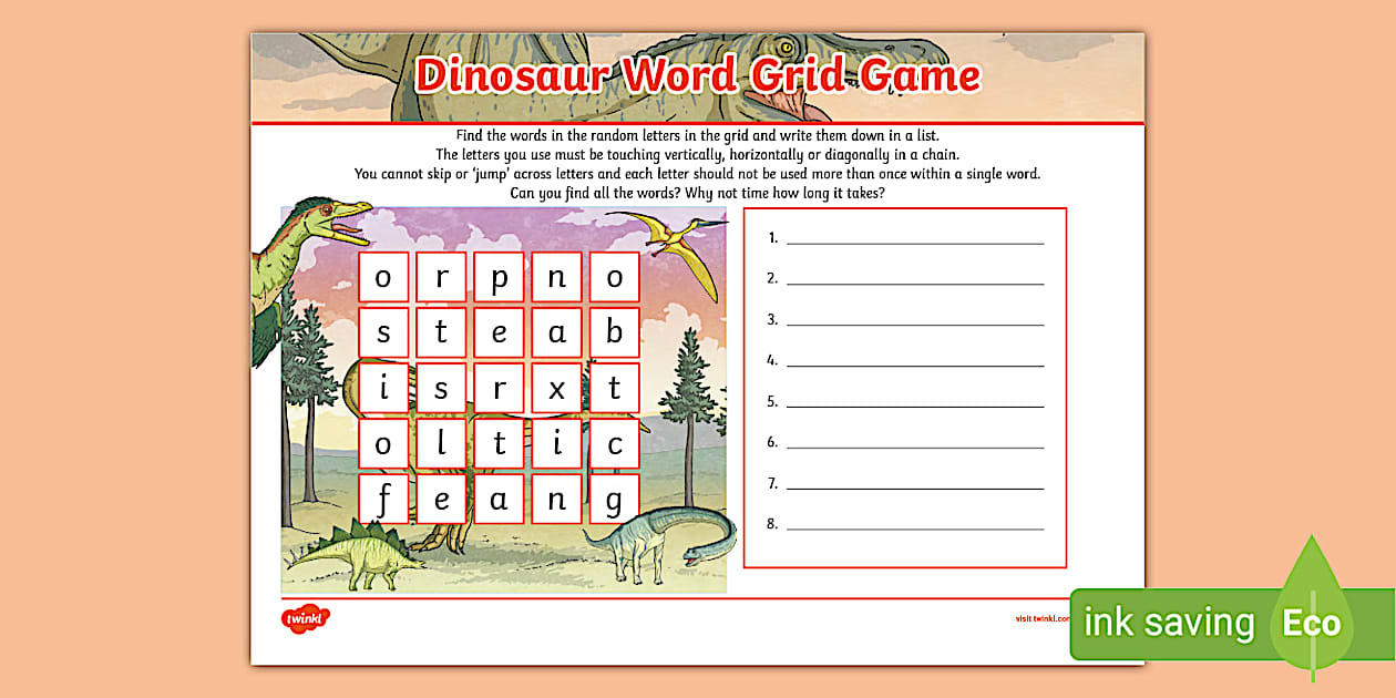 Dinosaur Word Grid Game (Teacher-Made) - Twinkl