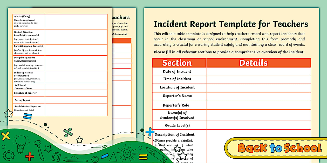 Incident Report Template (teacher made) - Twinkl
