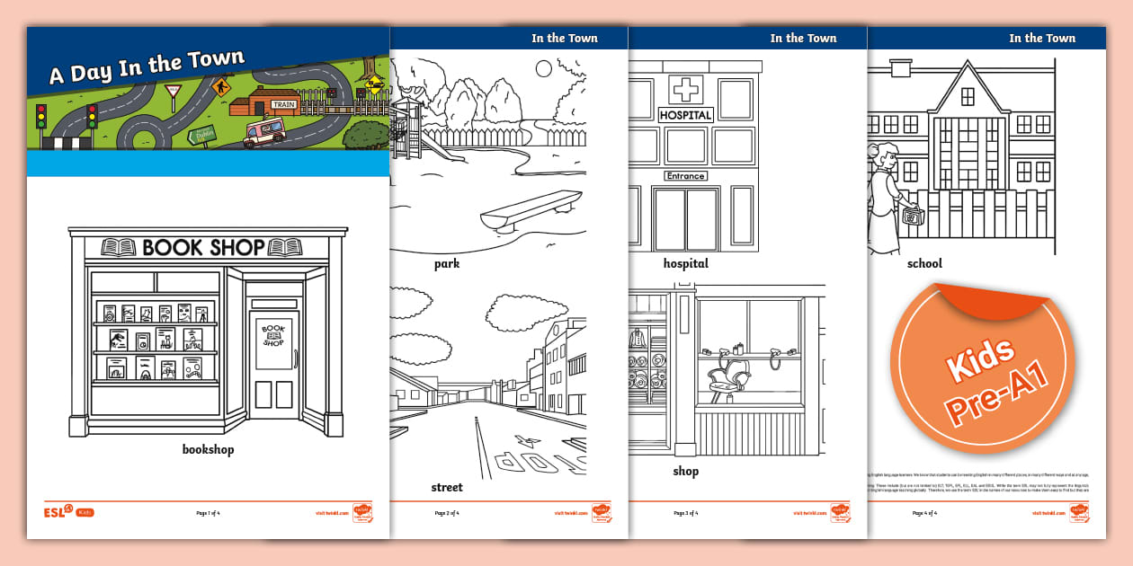 ESL In the Town Colouring Sheet [Kids, Pre-A1] - Twinkl