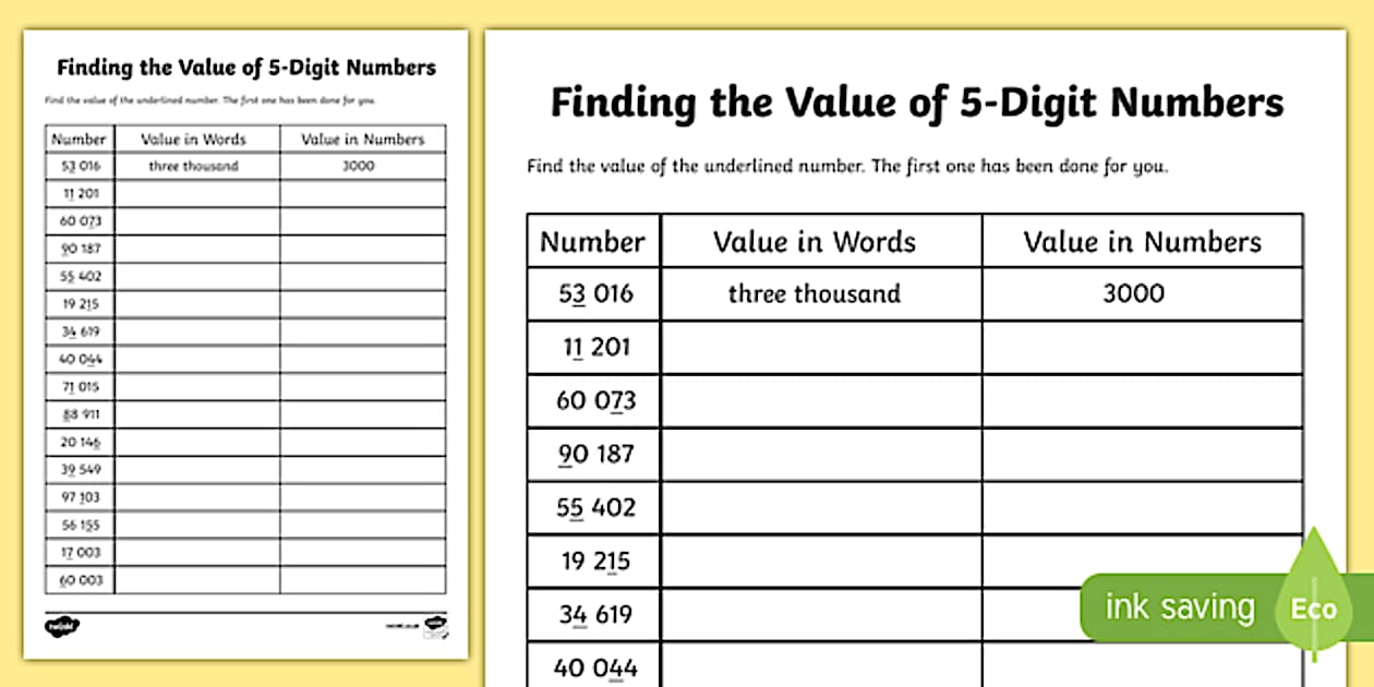 Place Value Finding the Value of 5-Digit Numbers Worksheet