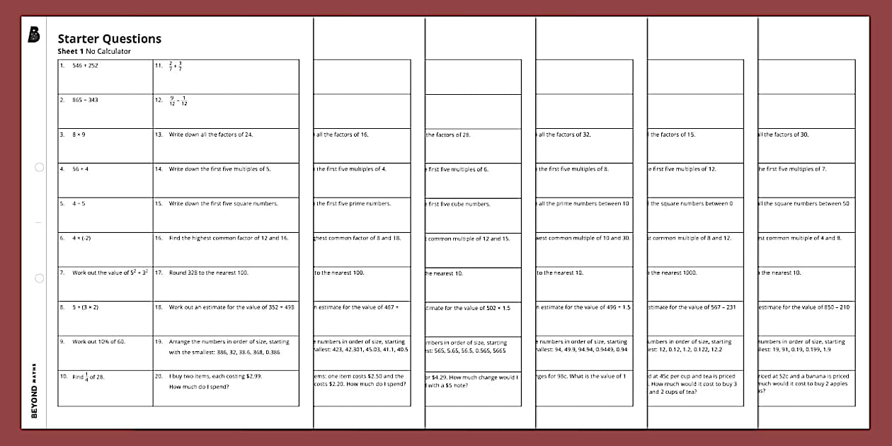 Bronze Numeracy Starter Questions Pack - Beyond Maths