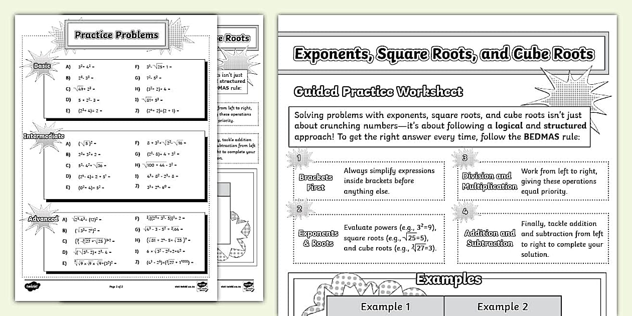 Exponents, Square Roots & Cube Roots – Guided Practice Worksheet