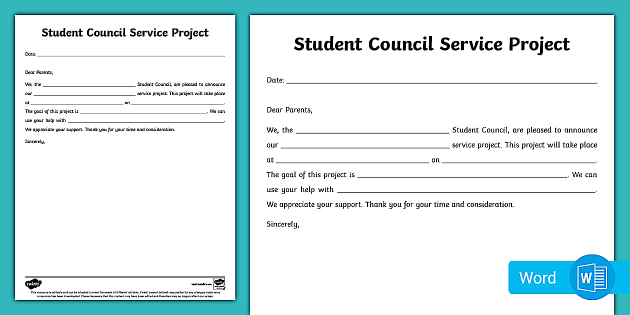 Editable Student Council Service Project Letter to Parents