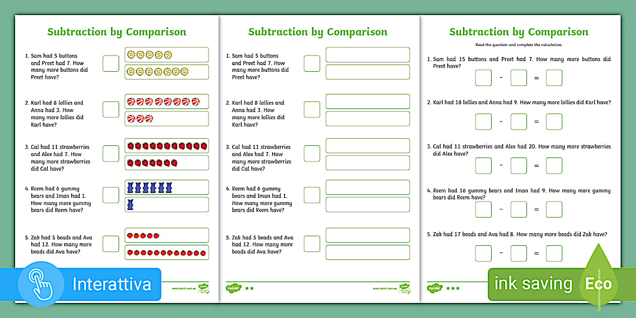 Subtraction by Comparison F-2 Differentiated Worksheets