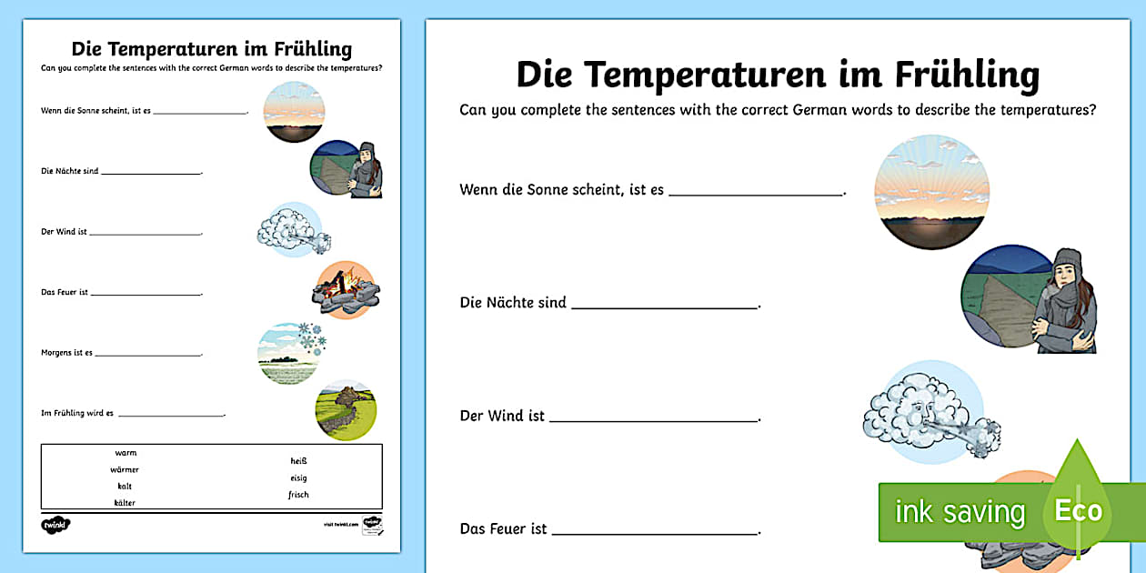 Temperature Adjectives Worksheet / Worksheet German - Twinkl