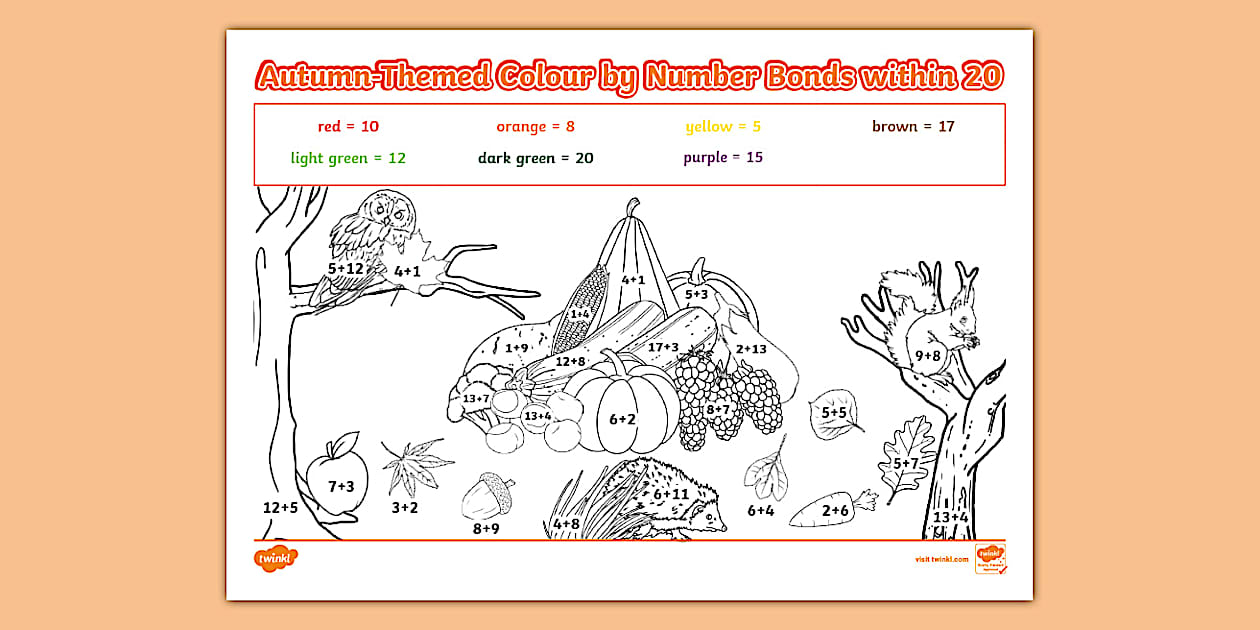 Autumn-Themed Colour by Number Bonds within 20 - Twinkl