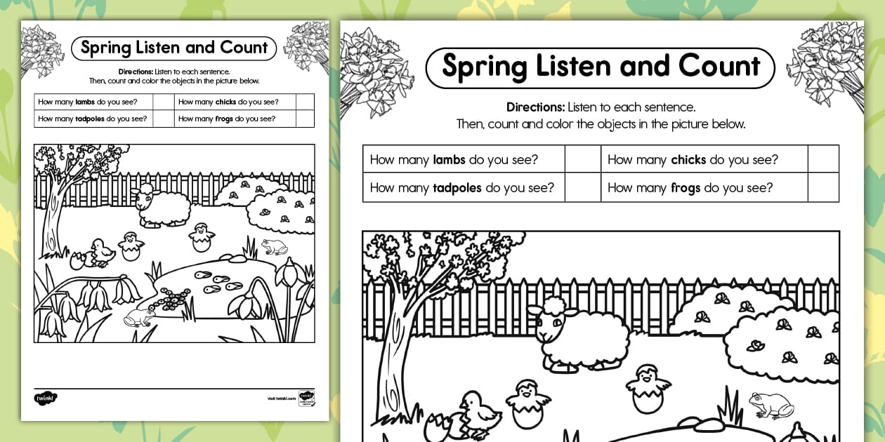Early Childhood Spring Listen and Count Worksheet - Twinkl