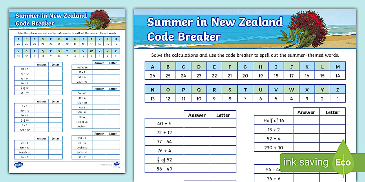 Summer in New Zealand Maths Code Breaker Worksheet