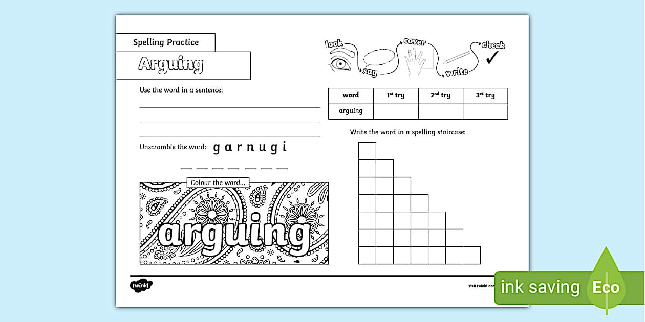 Arguing Spelling Practice Worksheet (Teacher-Made) - Twinkl