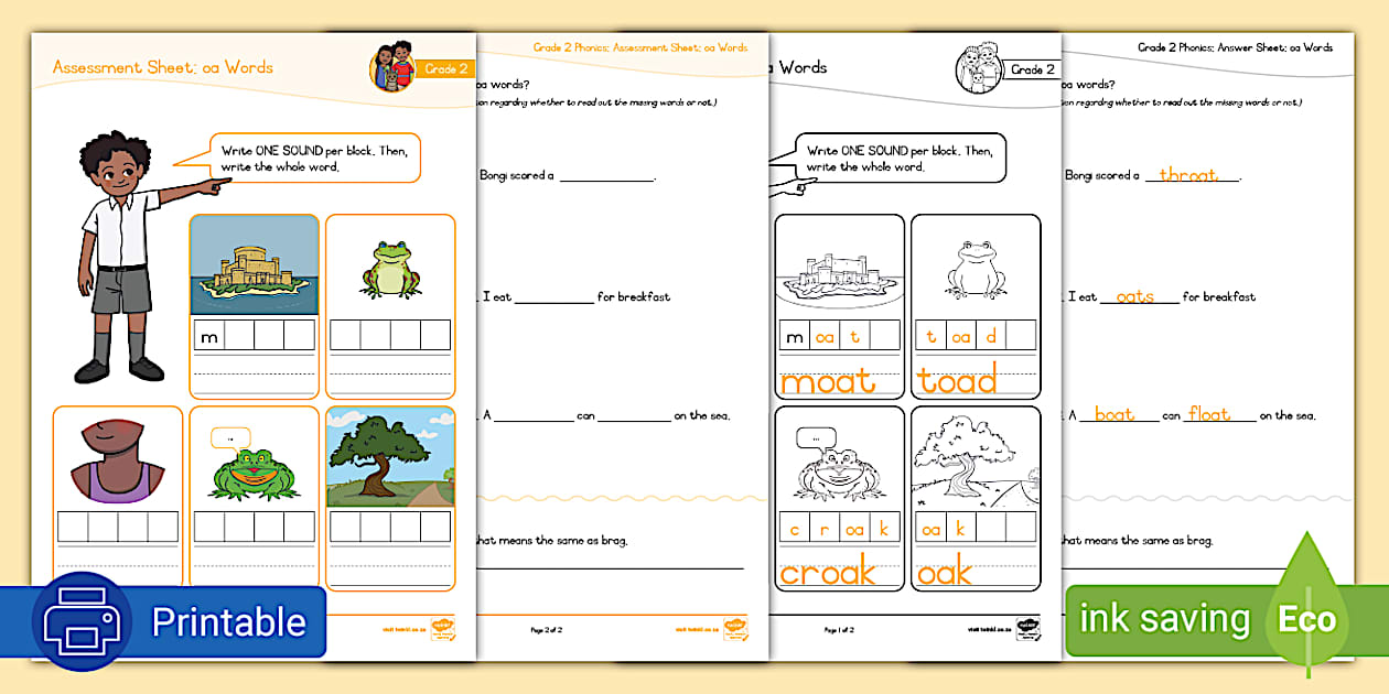 Grade 2 Phonics: oa Assessment Sheet (Teacher-Made) - Twinkl