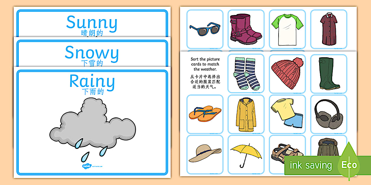 Weather Clothes Sorting Activity English/Mandarin Chinese - Weather Clothes