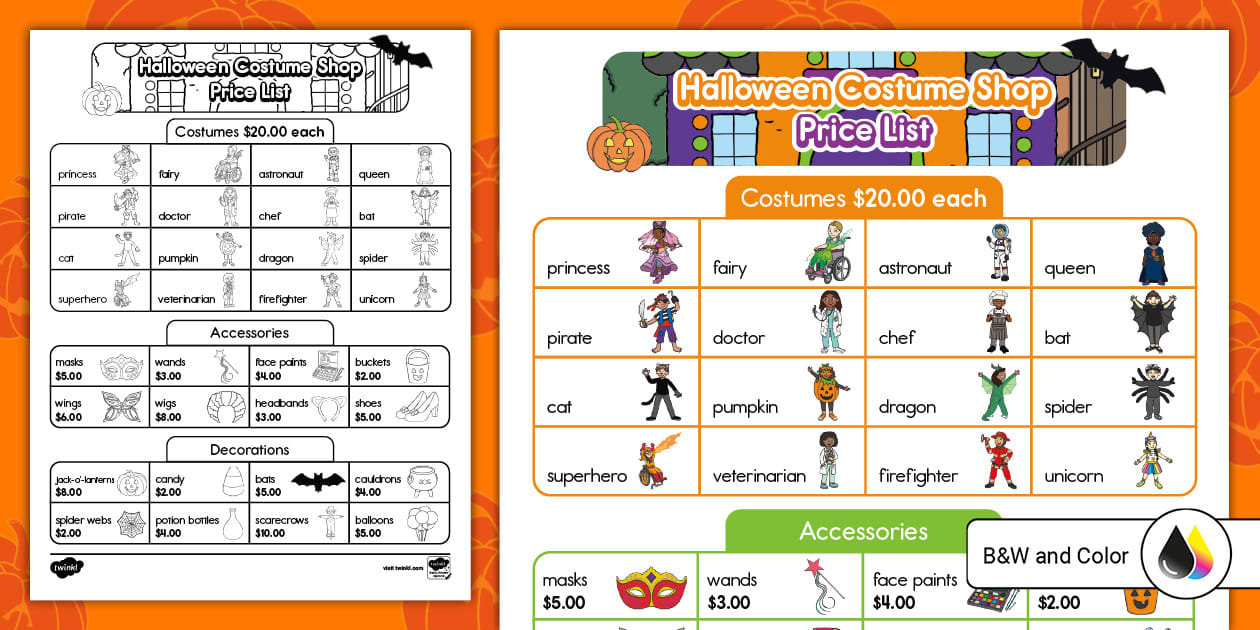 Halloween Costume Shop Dramatic Play Price List Sign
